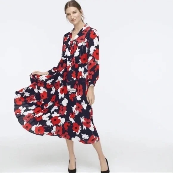 J. Crew | Dresses | J Crew Tie Neck Pleated Aline Midi Dress In Navy ...